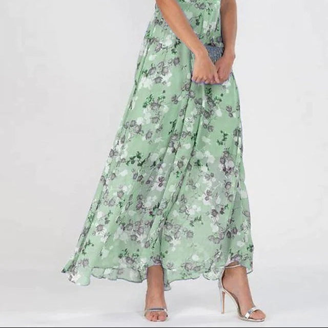 Floral Print V-neck Short Sleeve Beach Midi Dress– runwayfashionista.com